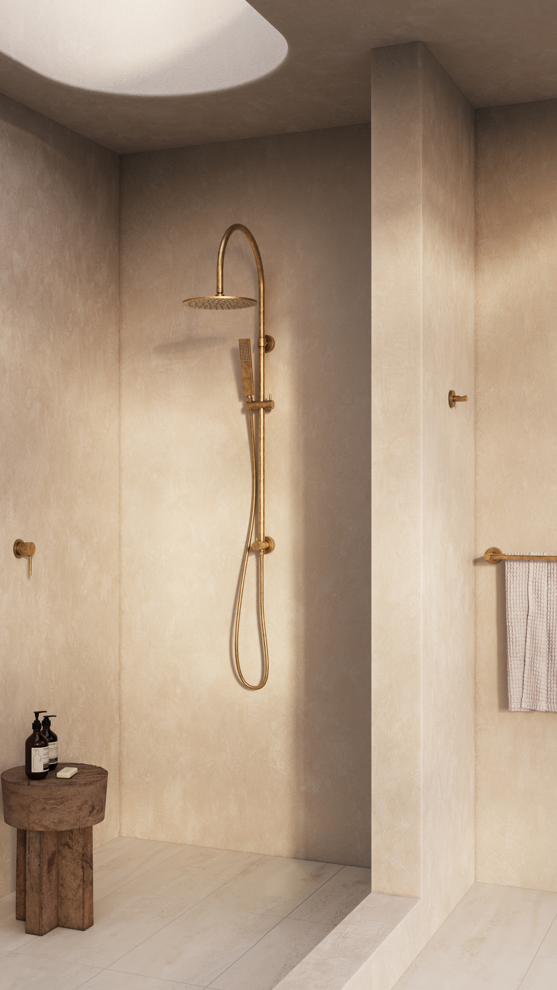 Elysian Gooseneck Shower Rail Set - Tumbled Aged Brass - ABI Interiors UK