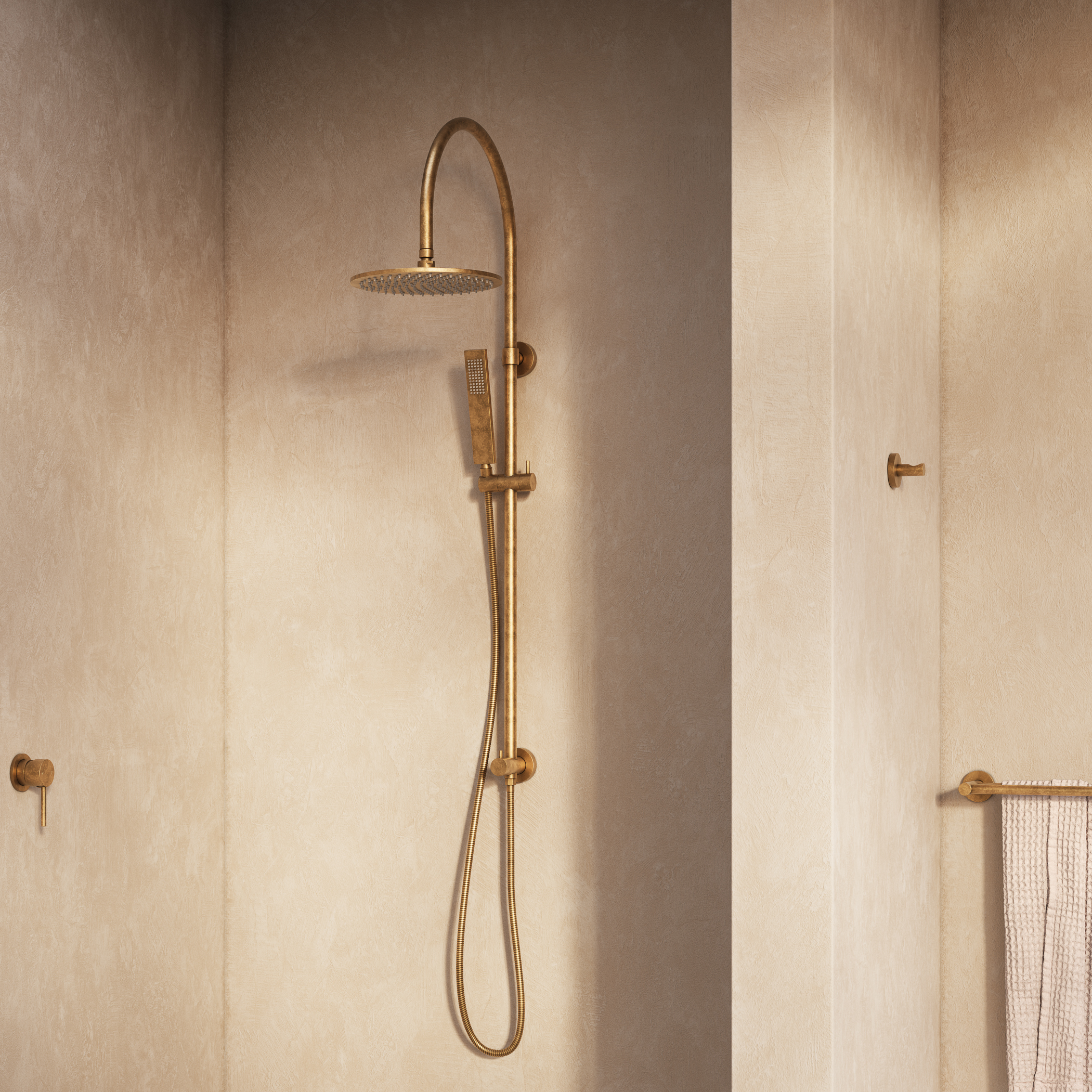 Elysian Gooseneck Shower Rail Set - Tumbled Aged Brass | ABI Interiors