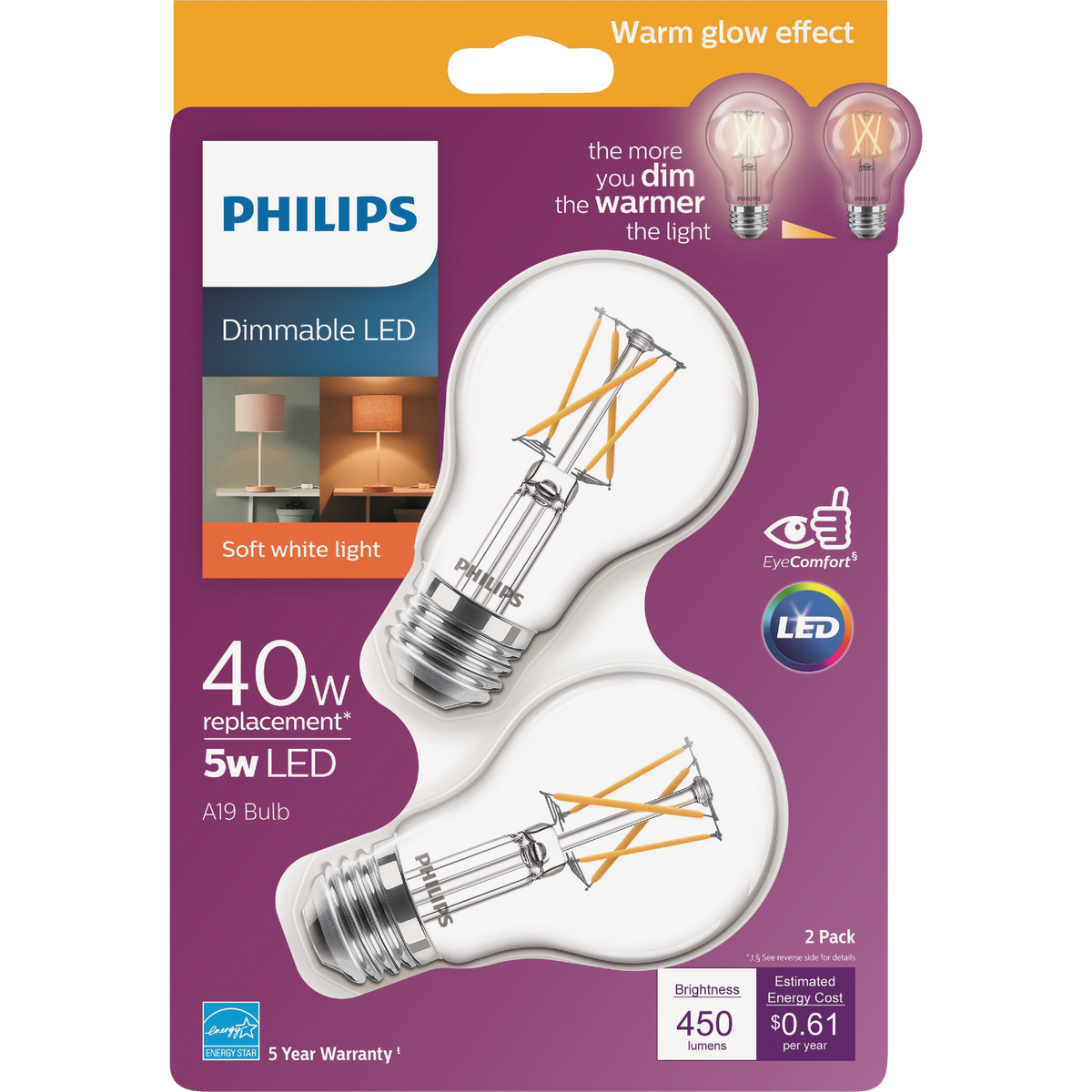 Philips Warm Glow 40W Equivalent Soft White A19 Medium Dimmable LED ... Philips Warm Glow 40W Equivalent Soft White A19 Medium Dimmable LED ...