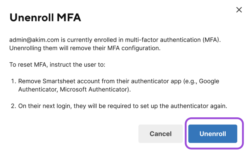 Admin Center: Reset authenticator app MFA for users | Smartsheet ...