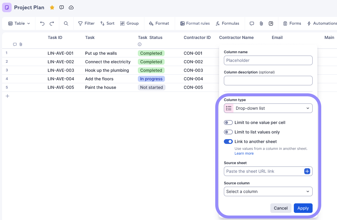 Create linked dropdown columns | Smartsheet Learning Center