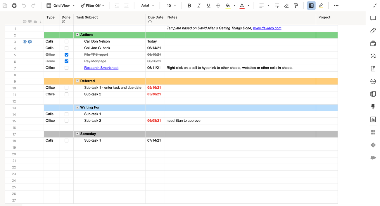 Getting Things Done (GTD) Tracker Template | Smartsheet