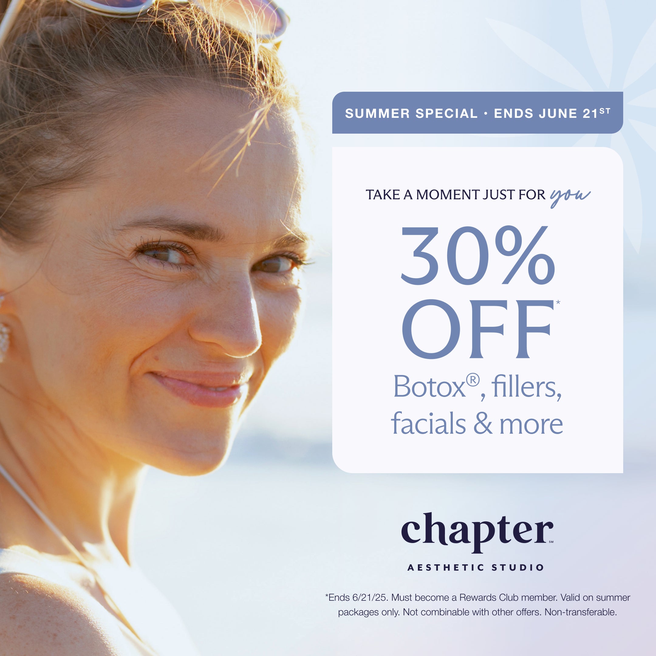 Smiling woman in promoting Chapter Aesthetic Studio’s Sale. Text on ...