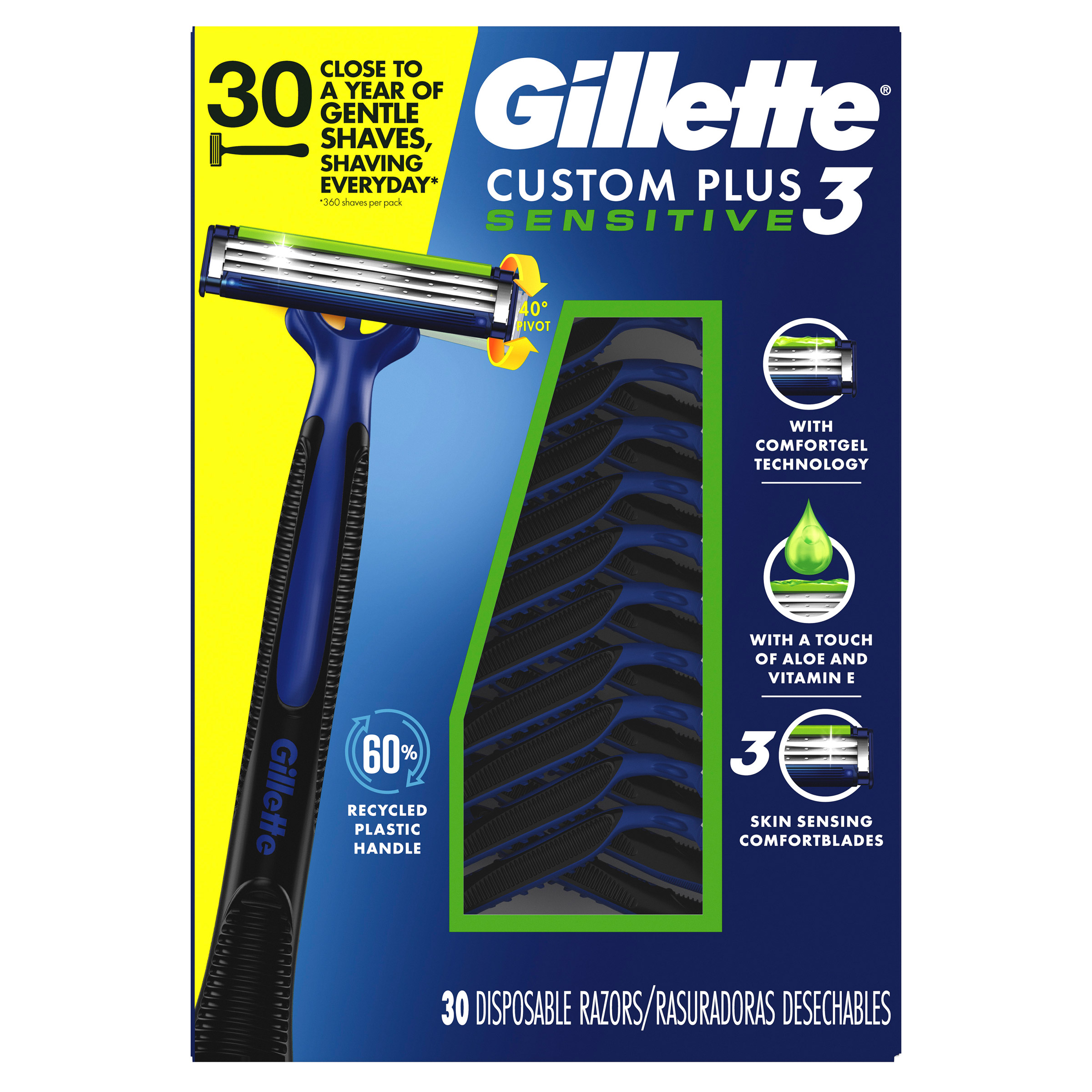 Gillette Custom Plus3 Disposable Razors Sensitive, 30-count | Costco