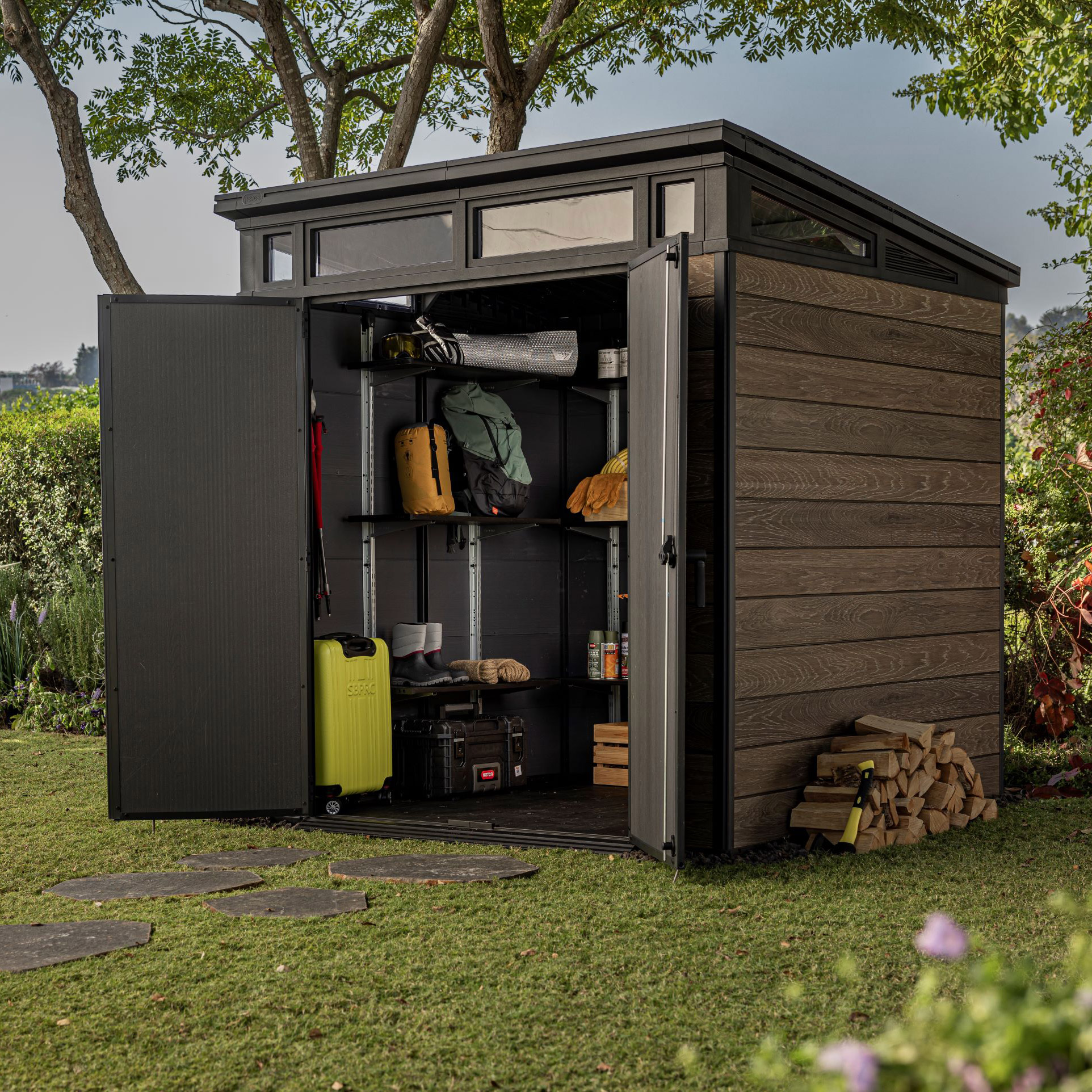 Keter DecoCoat 7x7 Premium Modern Outdoor Storage Shed, Brown | Costco