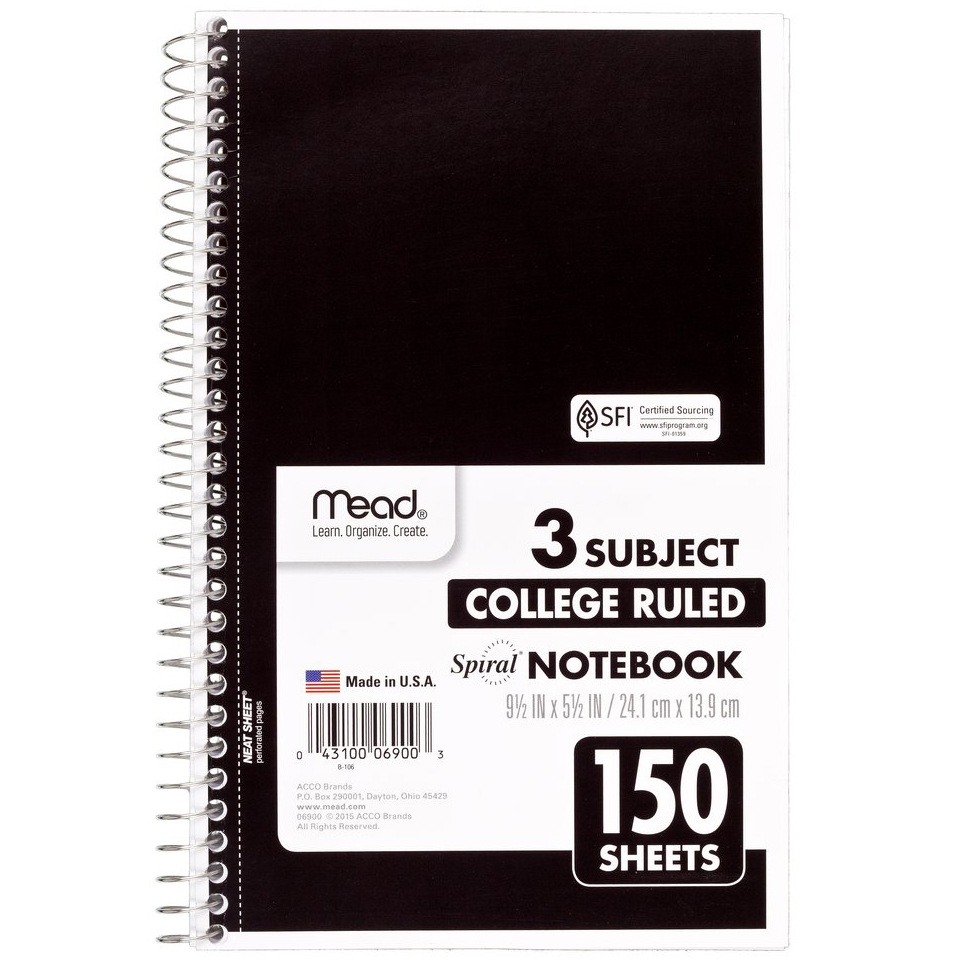 Mead 3-Subject Spiral Notebook, College Ruled, Assorted Colors, 9-1/2 ...