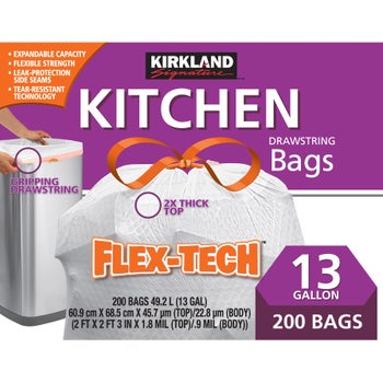 Kirkland Signature Flex-Tech 13-Gallon Kitchen Trash Bag, 200-count ...
