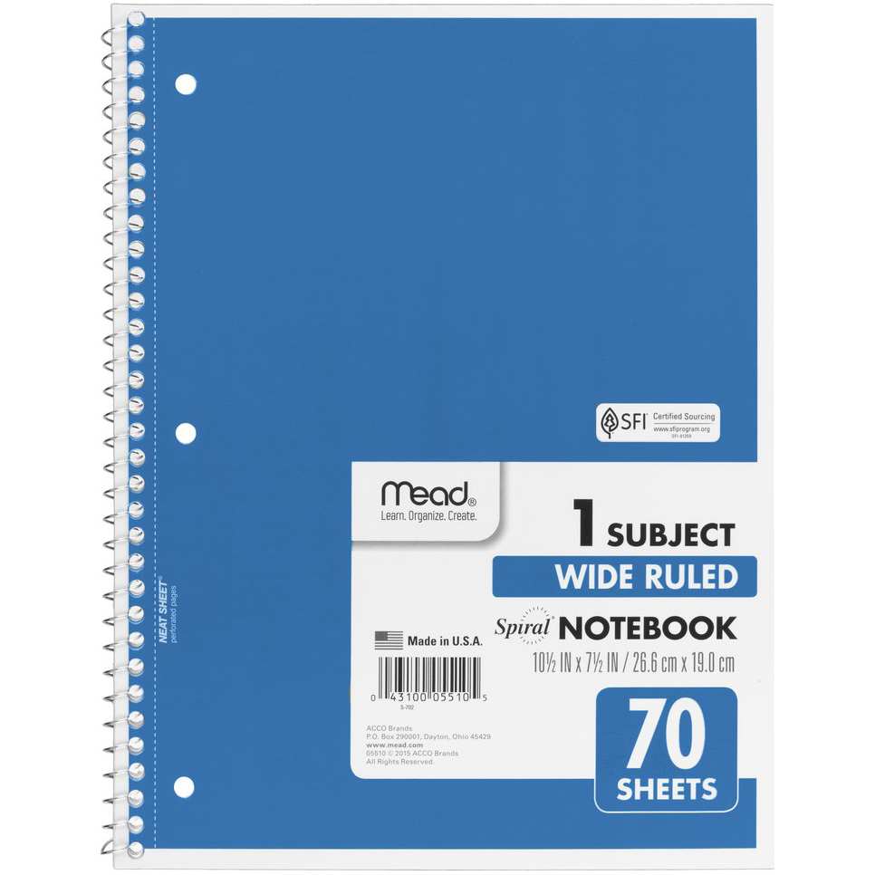 Mead 1-Subject Spiral Notebook, Wide Ruled, Assorted Colors, 10-1/2" x ...