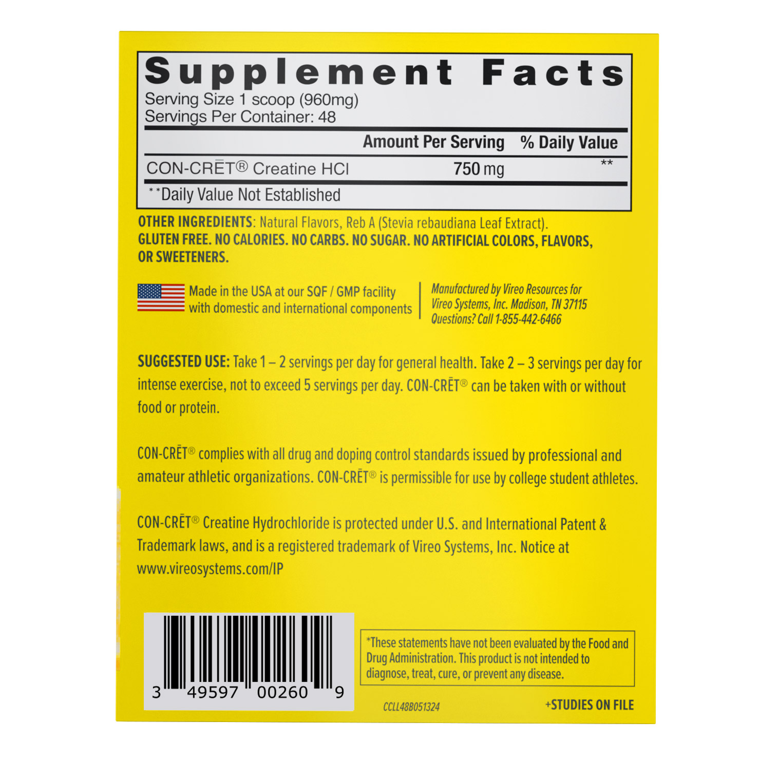 CON-CRET Creatine HCl Flavored Powder, Lemon Lime, 1.62 oz, 2-pack | Costco