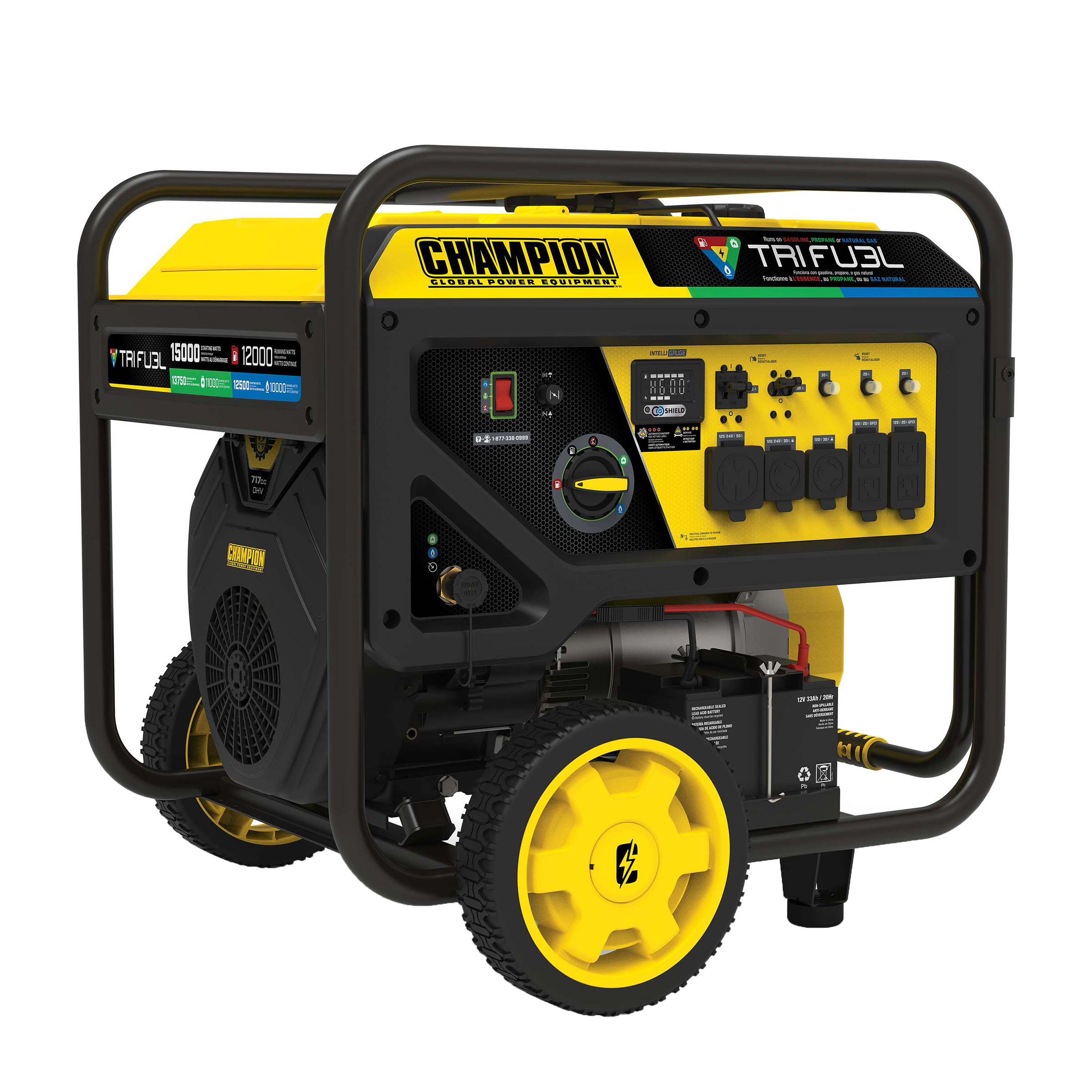 Champion 12,000W Running/15,000W Peak Tri Fuel Generator with CO Shield ...