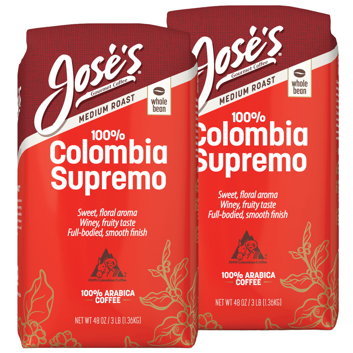 Jose’s 100% Colombia Supremo Whole Bean Coffee, Medium, 3lbs, 2-pack ...