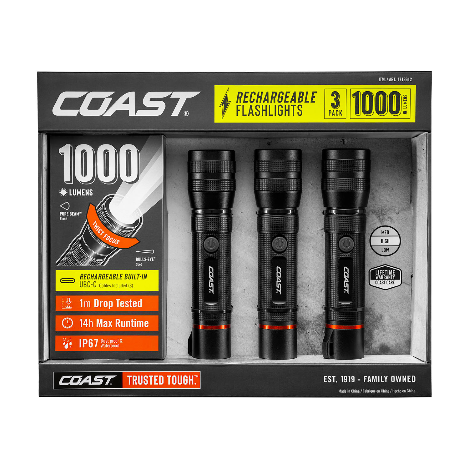 Coast CF1000R 1000L LED Rechargeable Flashlight, 3-pack | Costco