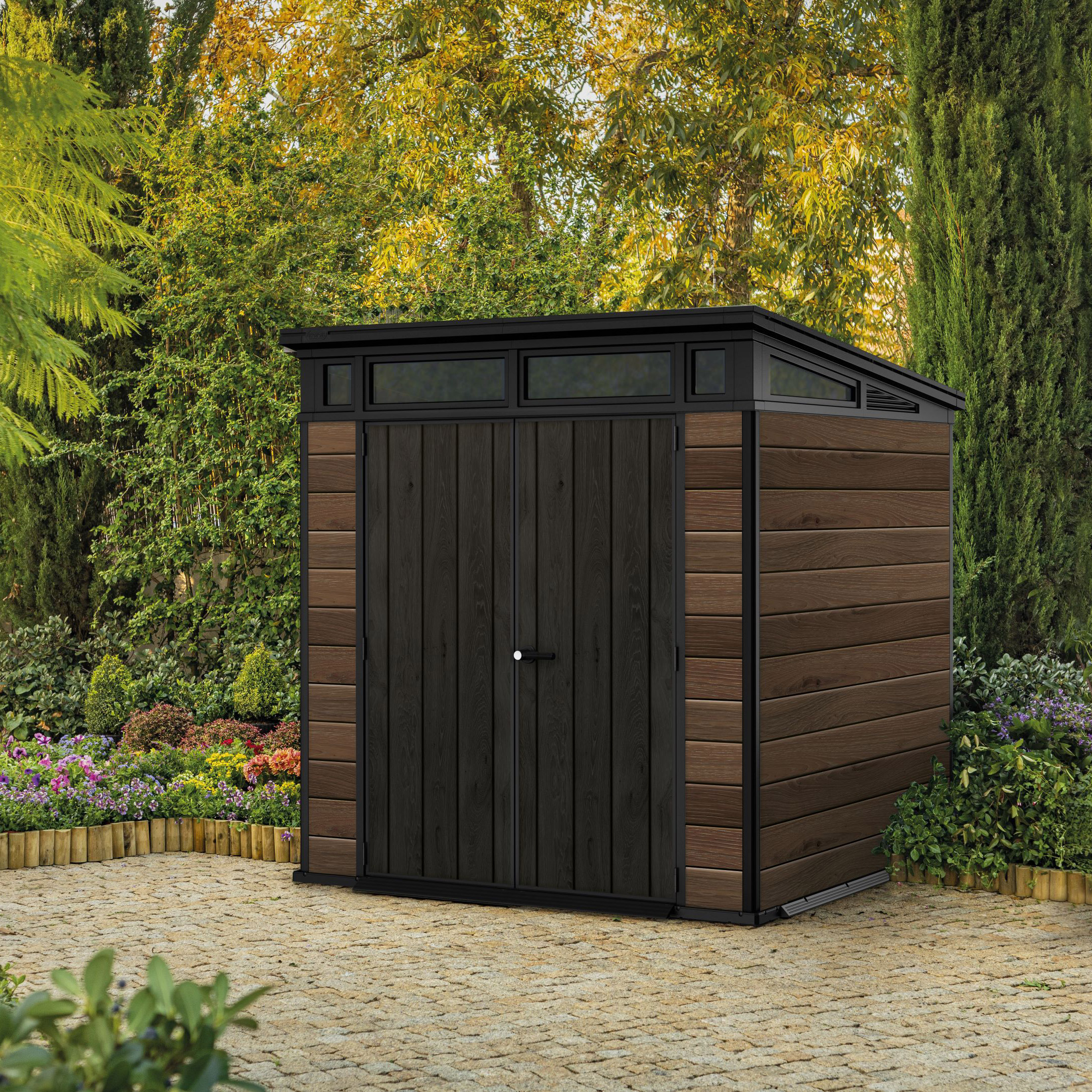 Keter DecoCoat 7x7 Premium Modern Outdoor Storage Shed, Brown | Costco