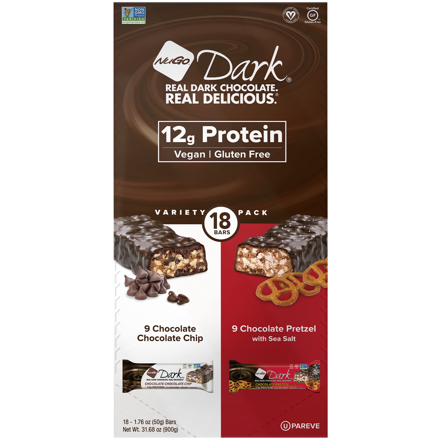 Nugo Vegan Dark Chocolate Protein Bar, 12g Protein, Variety Pack, 18 ct ...