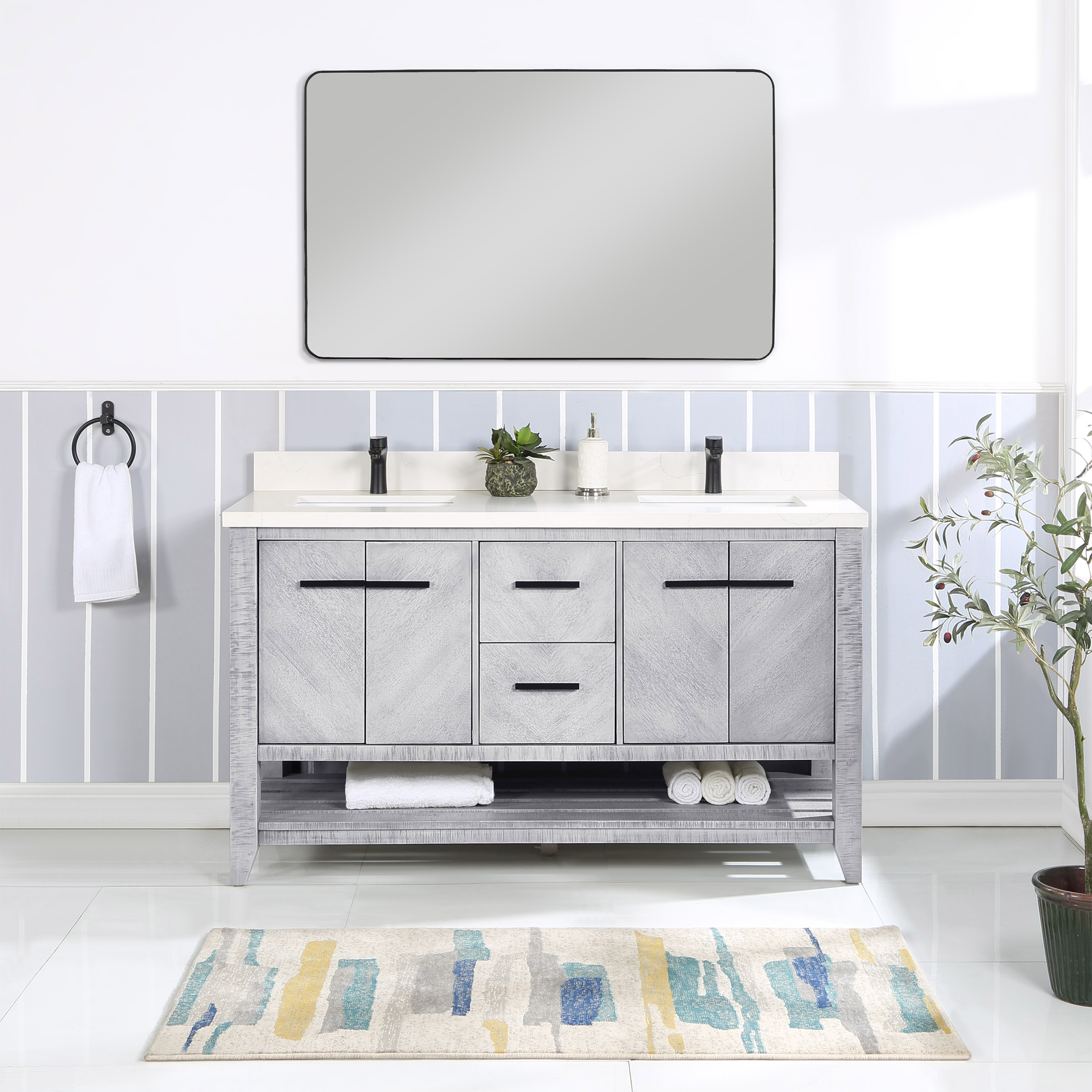 Northridge Home Chevron Double Vanity With Carrara Quartz Countertop ...